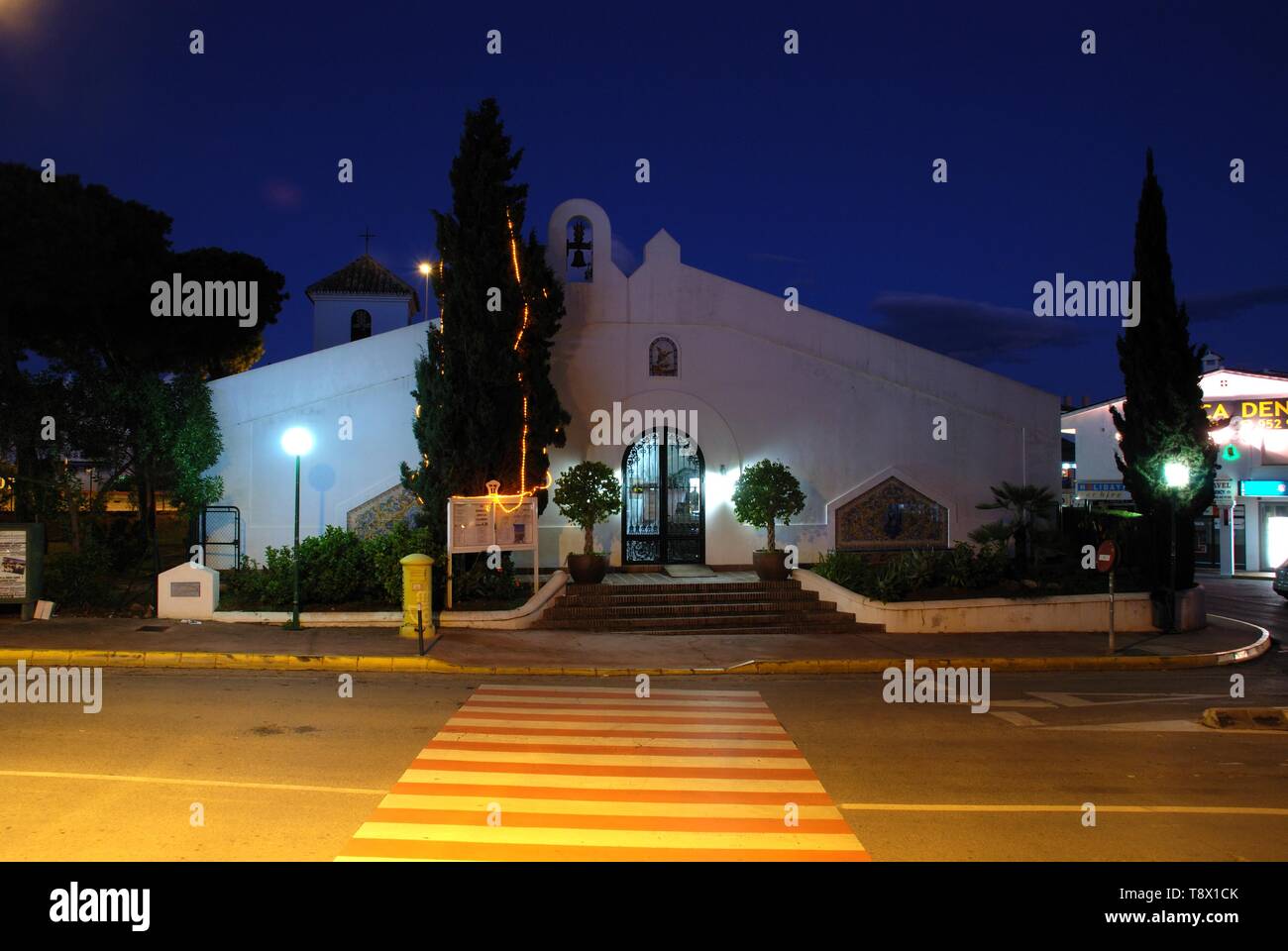 View of San Miguel Church at night, Sitio de Calahonda, Mijas Costa ...