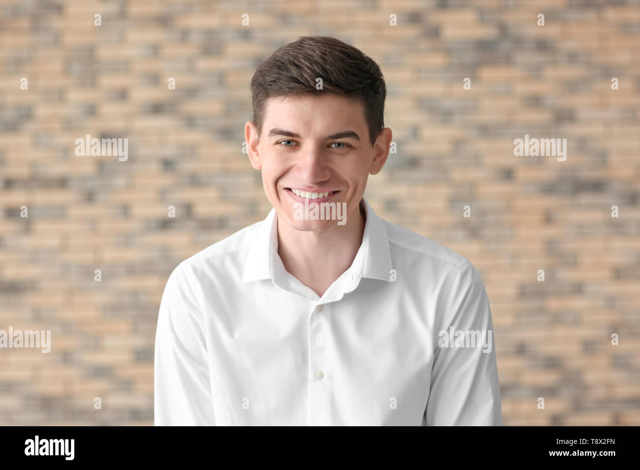 Portrait of handsome smiling young man against brick wall Stock Photo ...