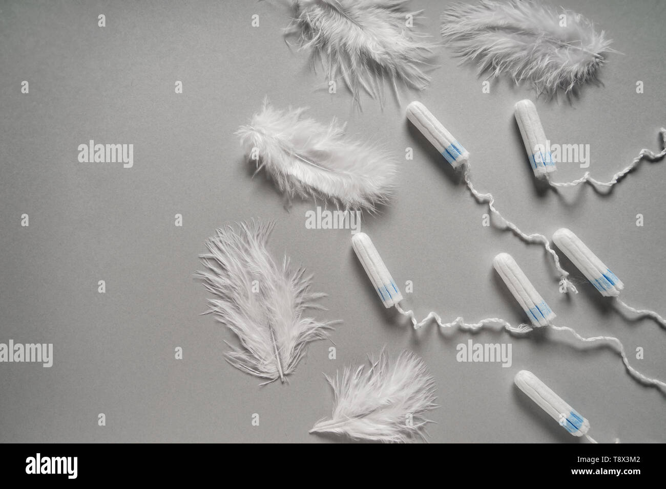 Tampons with feathers on grey background Stock Photo - Alamy