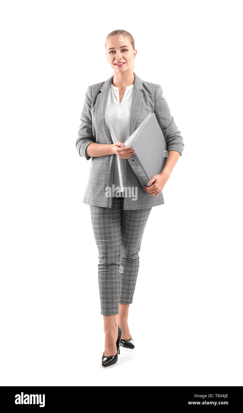 Beautiful female secretary with folder on white background Stock Photo ...