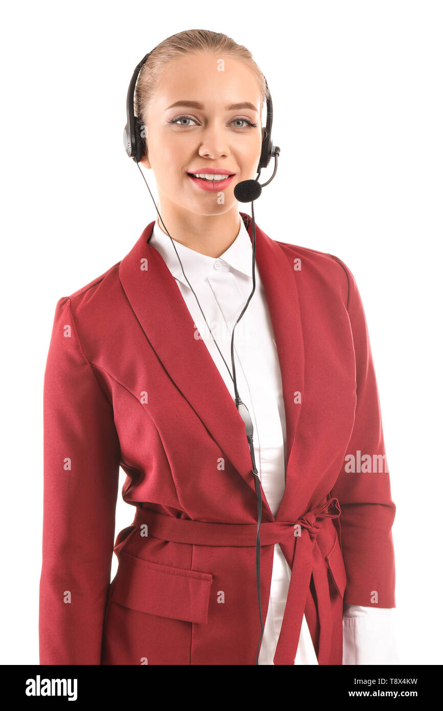 Beautiful female secretary talking through headset on white background ...