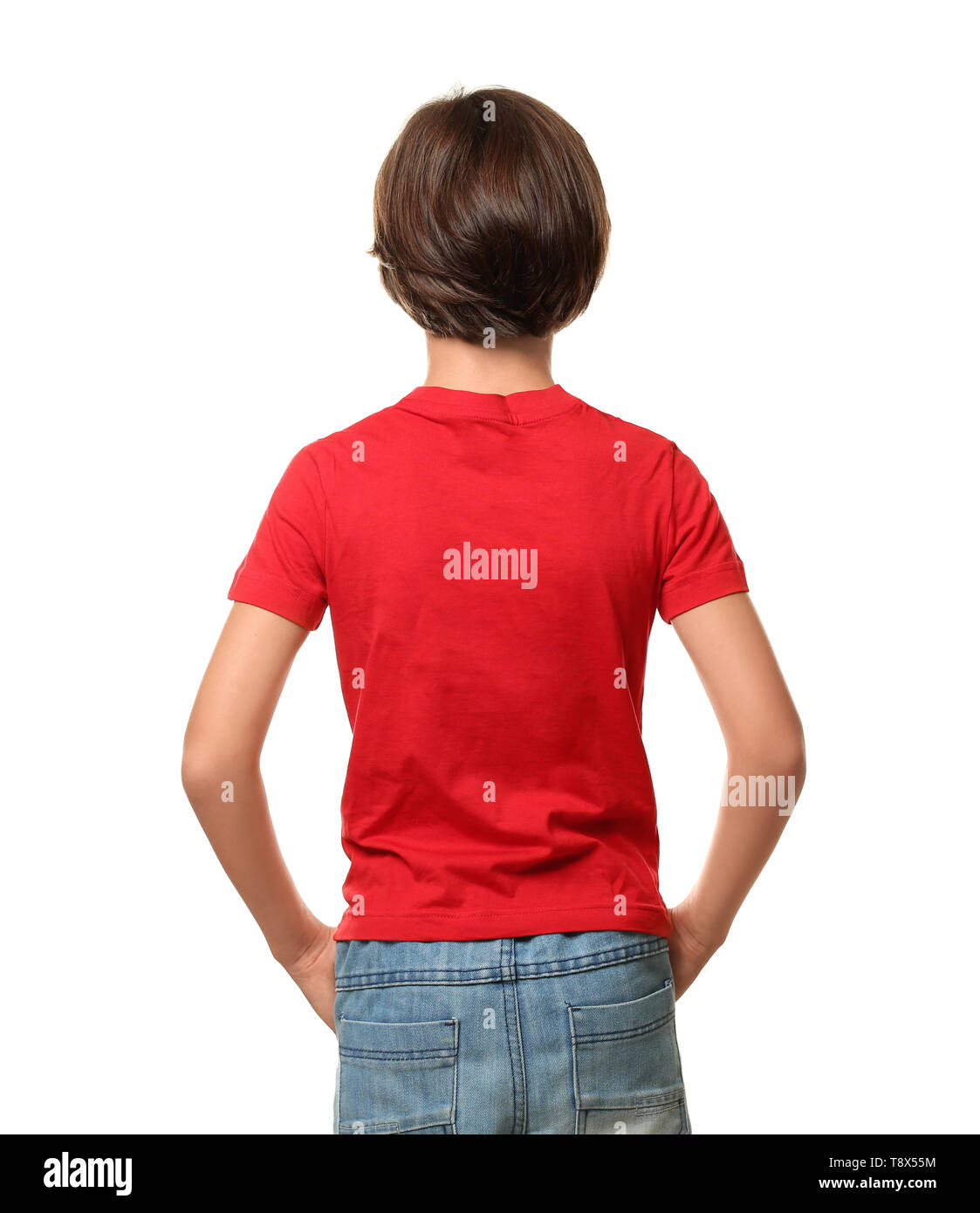 Little boy in t-shirt on white background, back view Stock Photo - Alamy