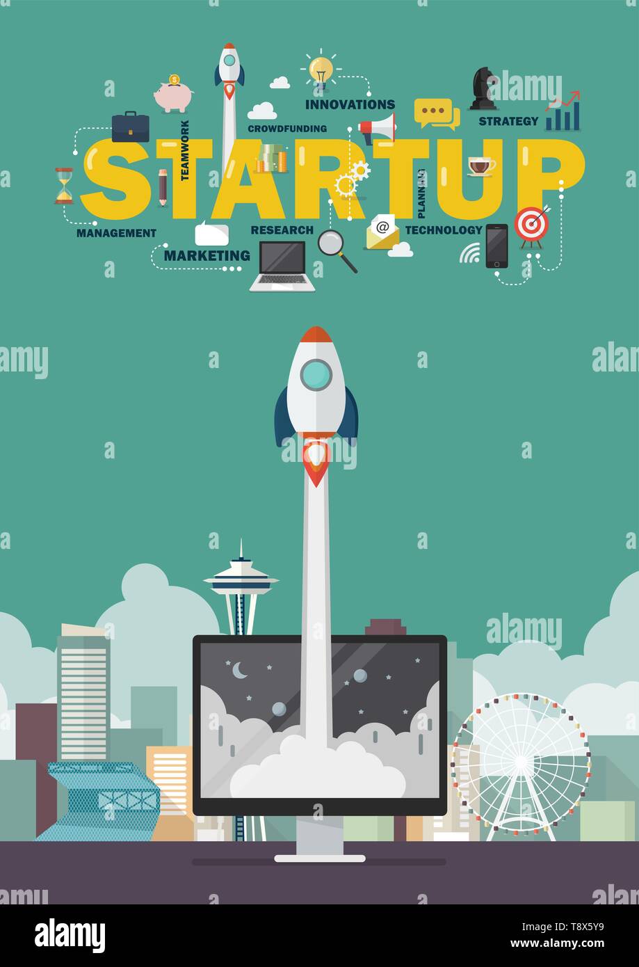 Rocket launching from computer monitor startup concept. Vector ...