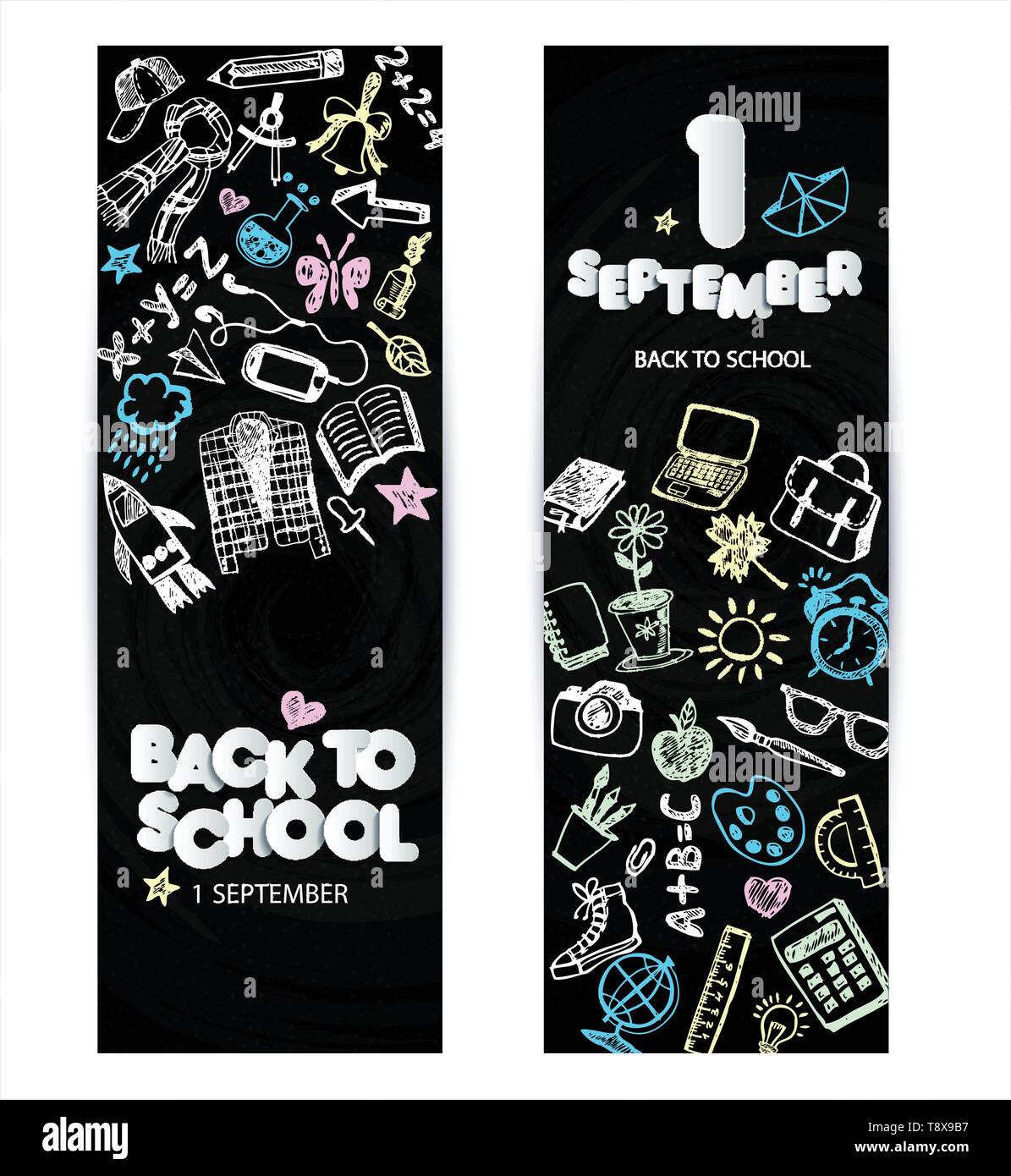 Back to school promo banner design. Vector black chalkboard background ...