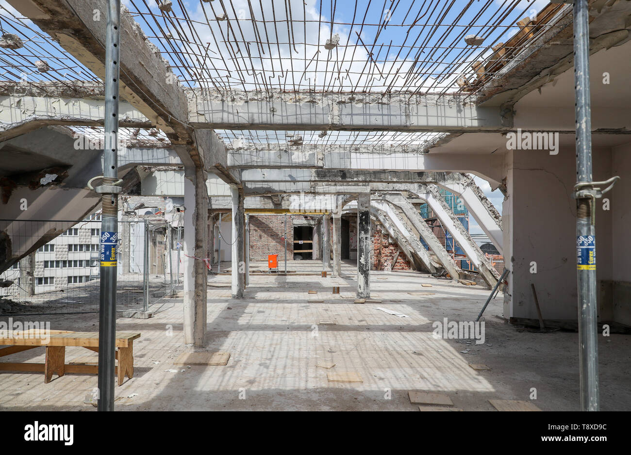 Leipzig, Germany. 09th May, 2019. Panoramic view into the gutted roof ...