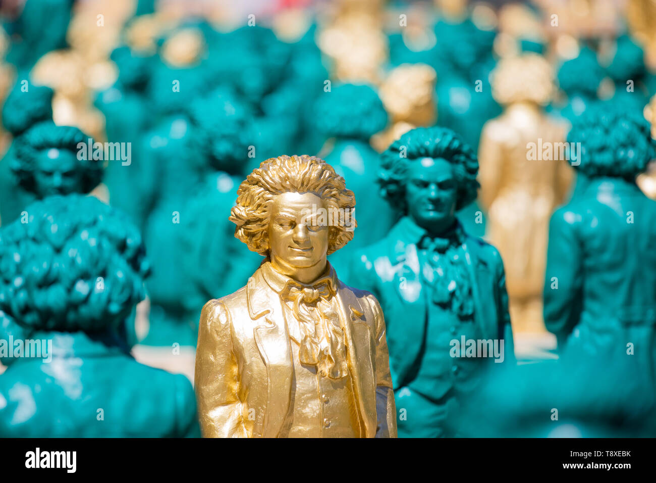 Bonn, Germany. 15th May, 2019. Smiling Beethoven statues, a work of art ...