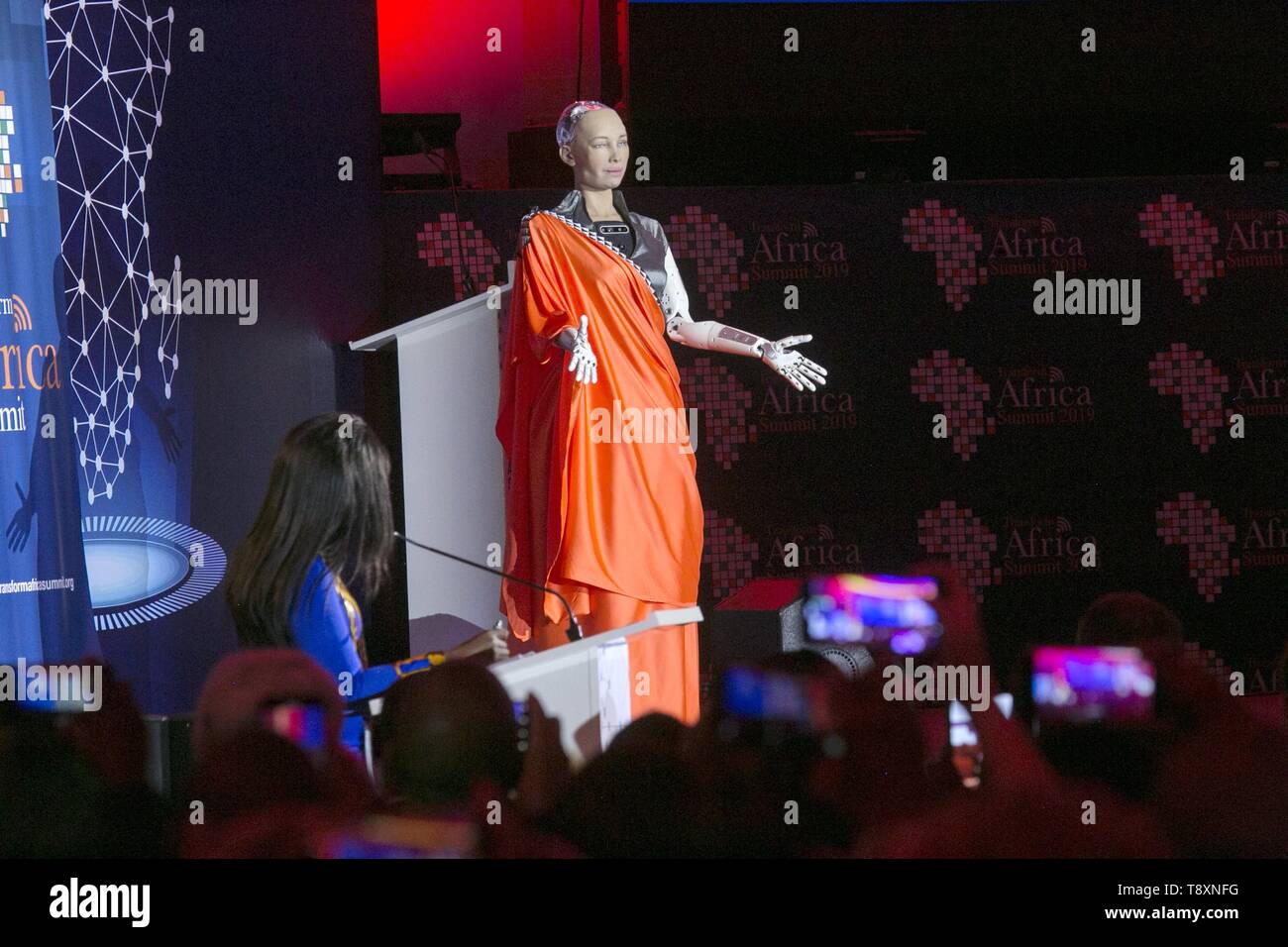 Kigali, Rwanda. 15th May, 2019. Humanoid robot Sophia addresses the 5th ...