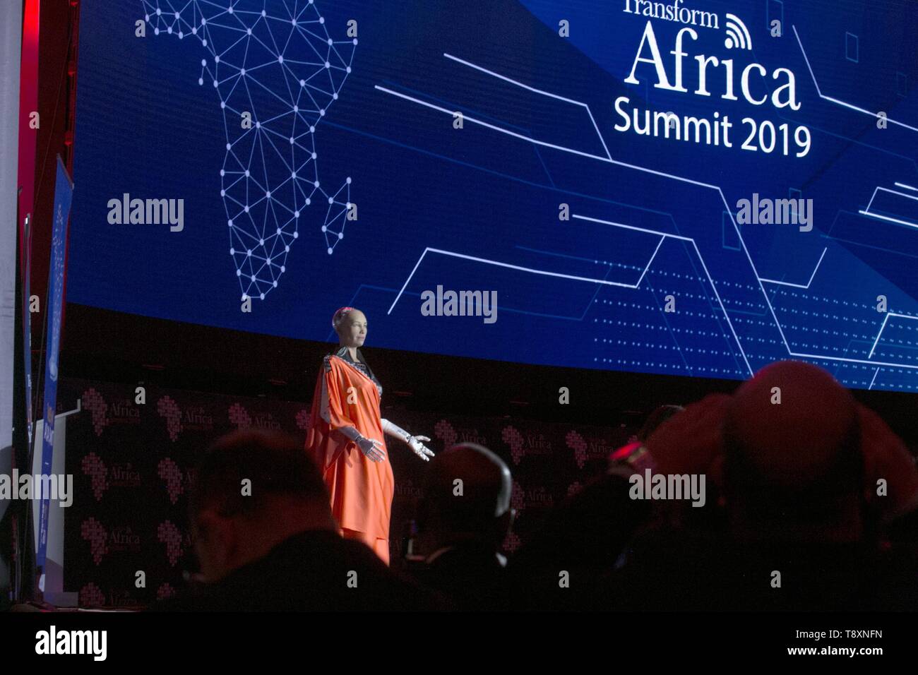 Kigali, Rwanda. 15th May, 2019. Humanoid robot Sophia addresses the 5th ...
