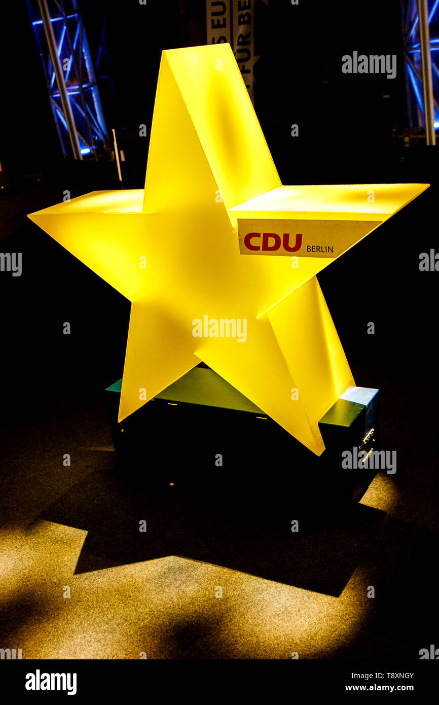 Berlin, Germany. 15th May, 2019. The logo of the CDU Berlin sticks on ...