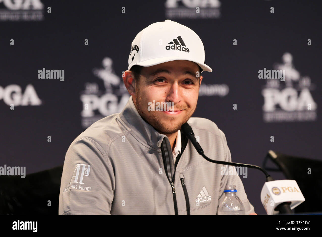 Bethpage, New York, USA. 15th May, 2019. Xander Schauffele speaks to ...