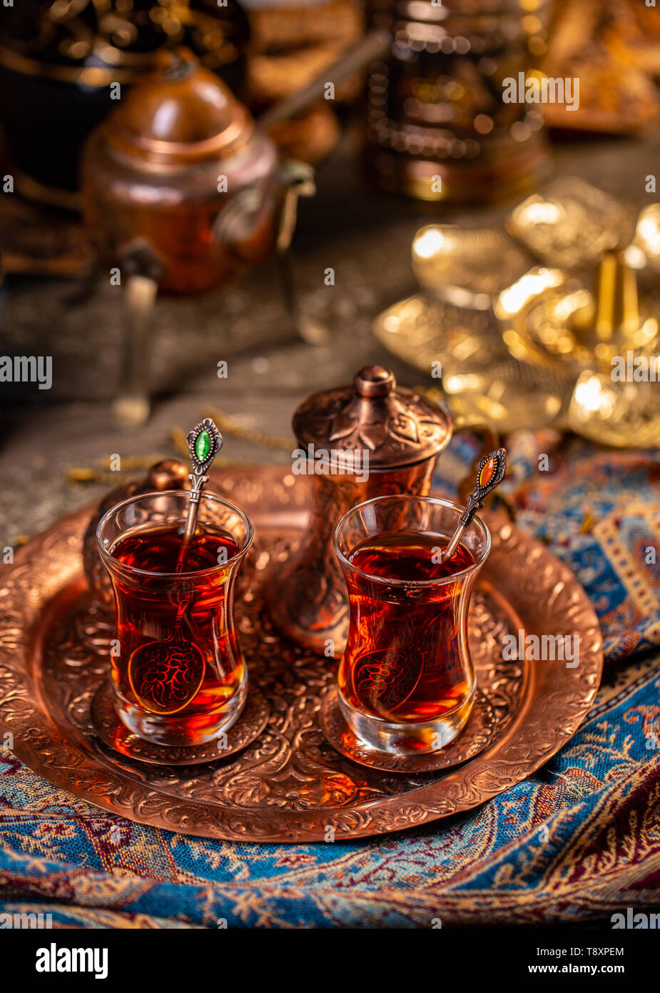 Black Turkish tea in traditional glasses on tray Stock Photo - Alamy