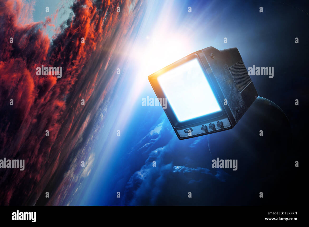 Retro TV flying in space Stock Photo - Alamy