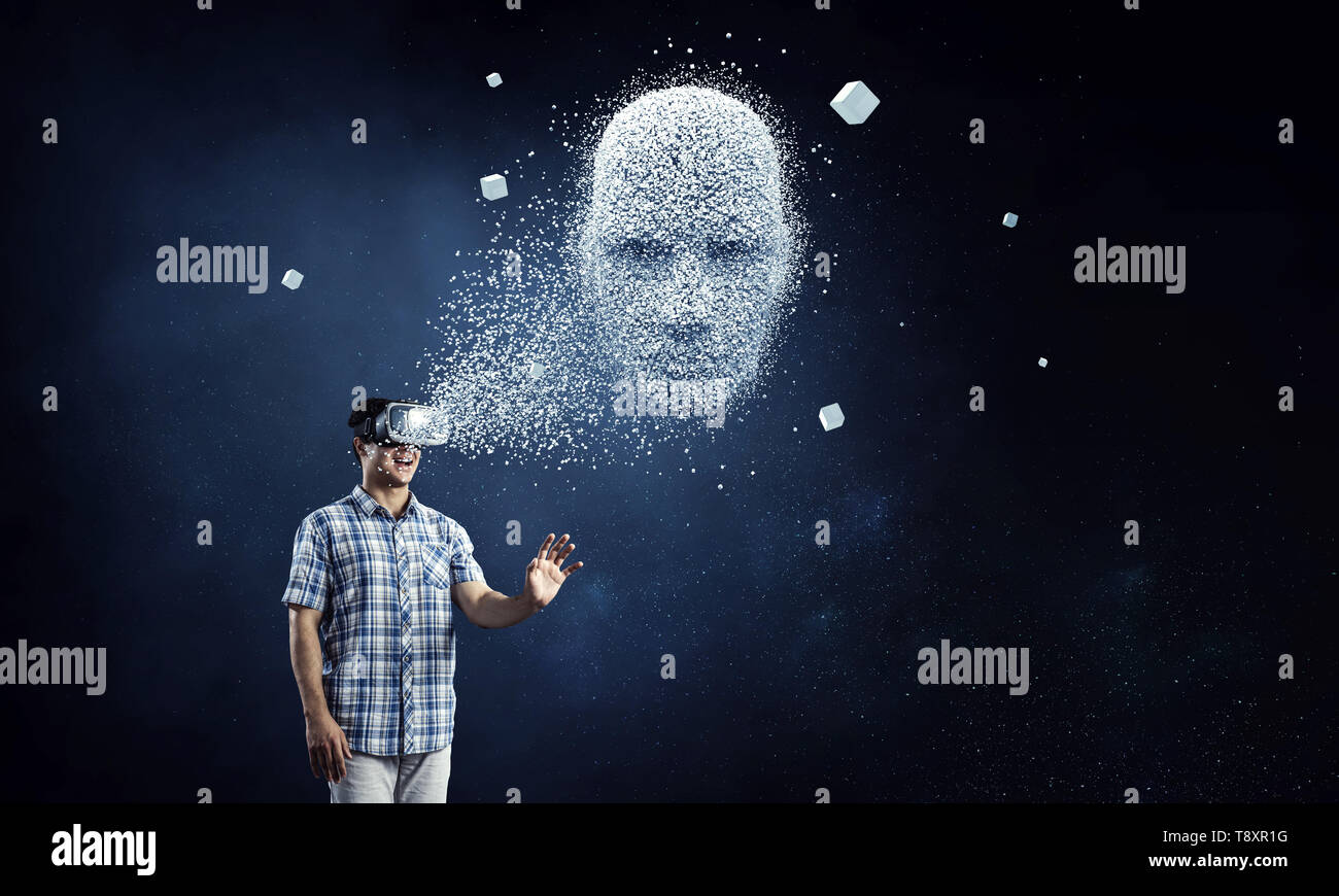 Digital head, artificial intelligence and virtual reality. Mixed media ...