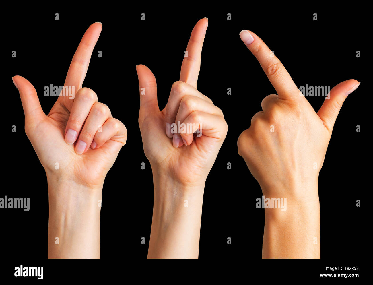 Woman hands with the index finger pointing up Stock Photo - Alamy
