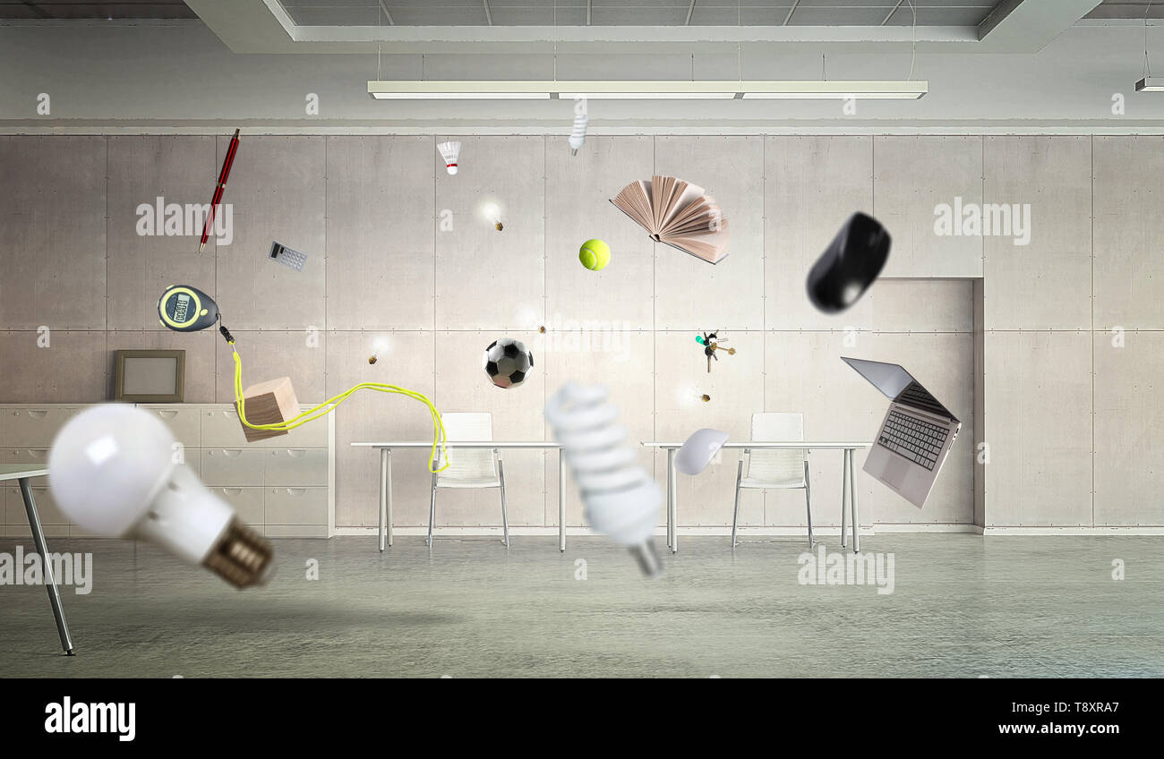 Home office workplace with flying objects Stock Photo - Alamy