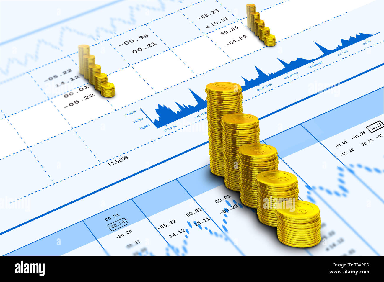 Stock market graph analysis with gold coins Stock Photo - Alamy