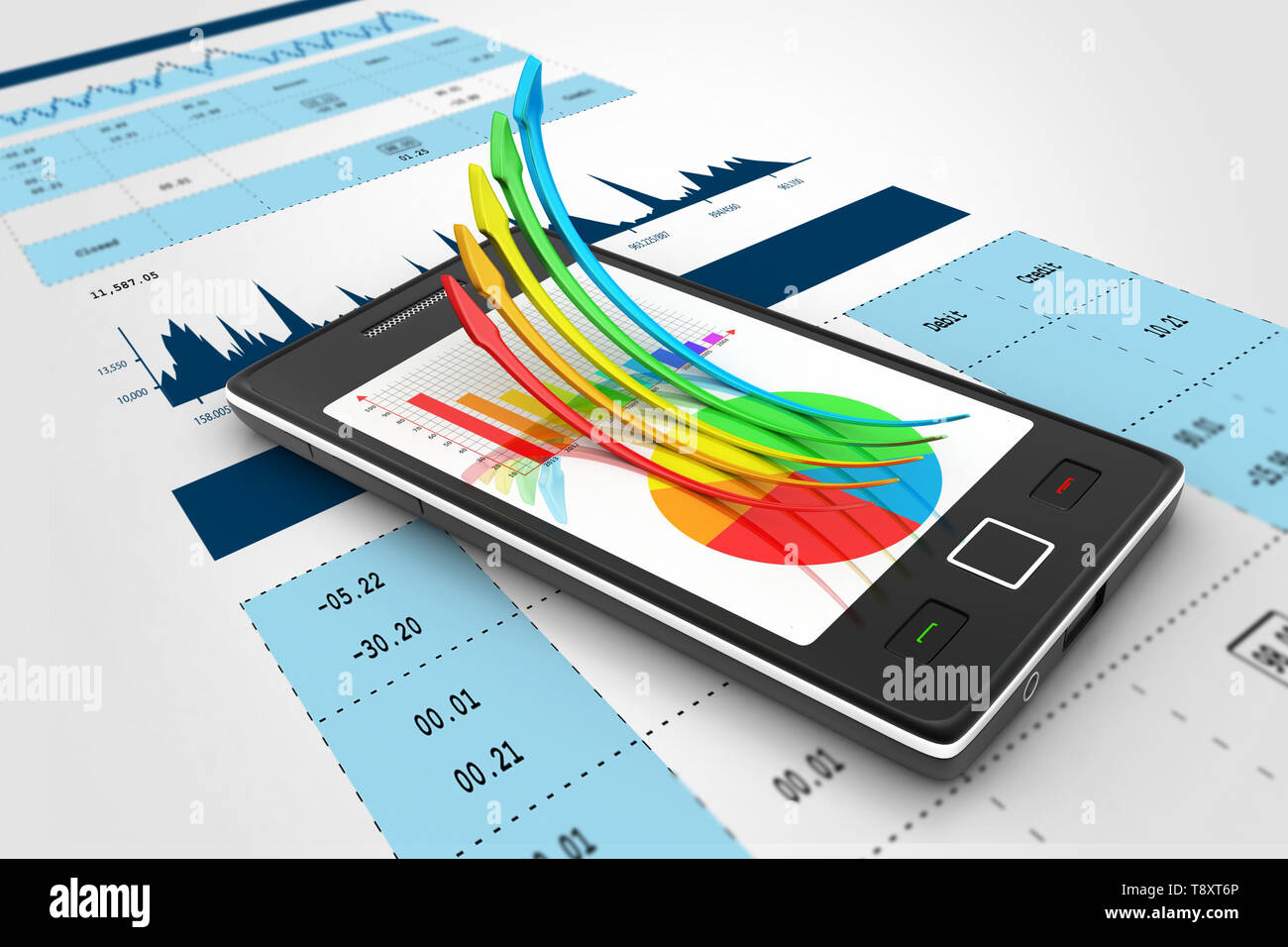 Smart phone showing a growth graph and a pie chart Stock Photo - Alamy