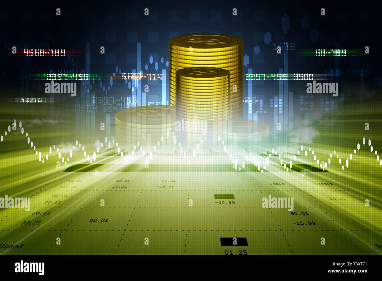 Stock market graph analysis with gold coin Stock Photo - Alamy