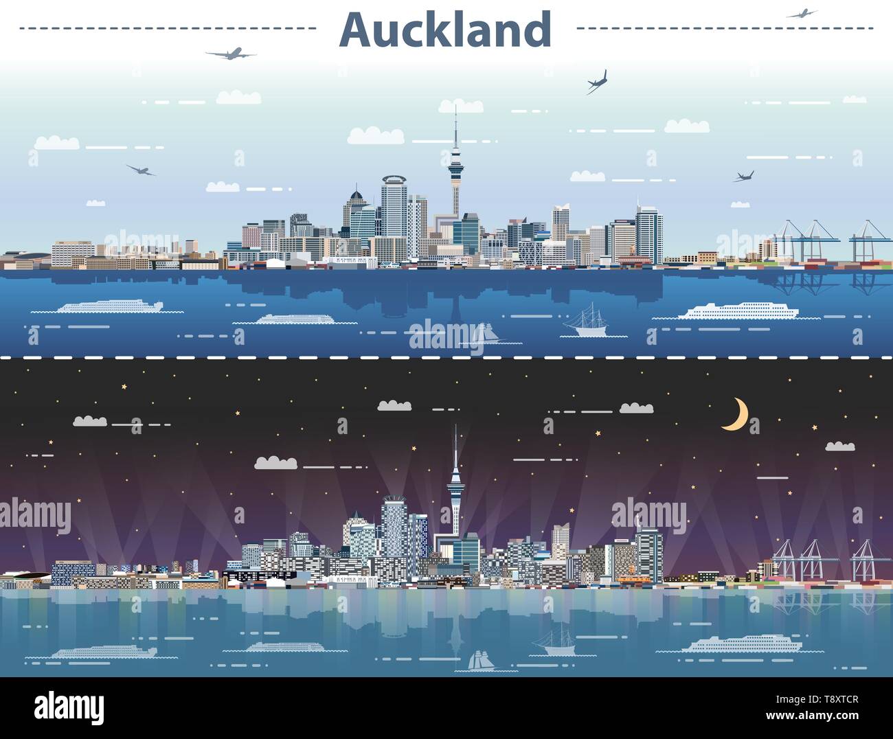 Auckland city skyline at day and night vector illustration Stock Vector ...