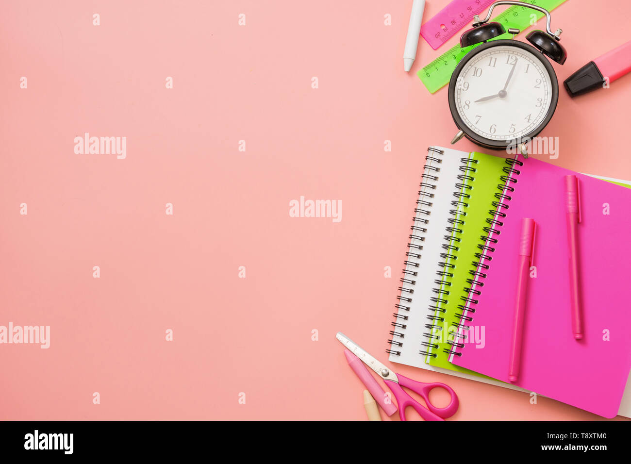 Colorful school supplies on pastel pink background. Top view, flat lay ...