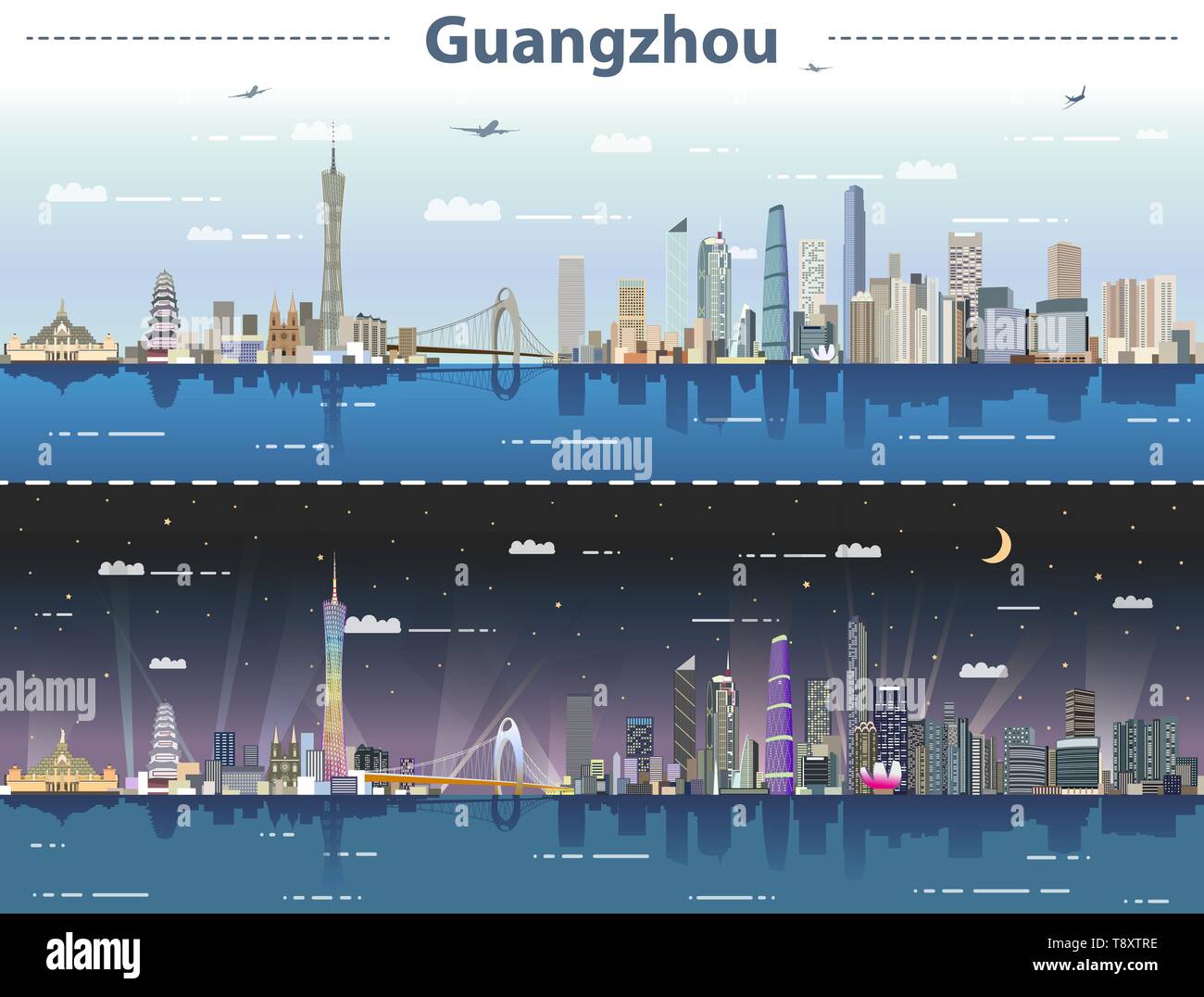 Guangzhou city skyline at day and night vector illustration Stock ...