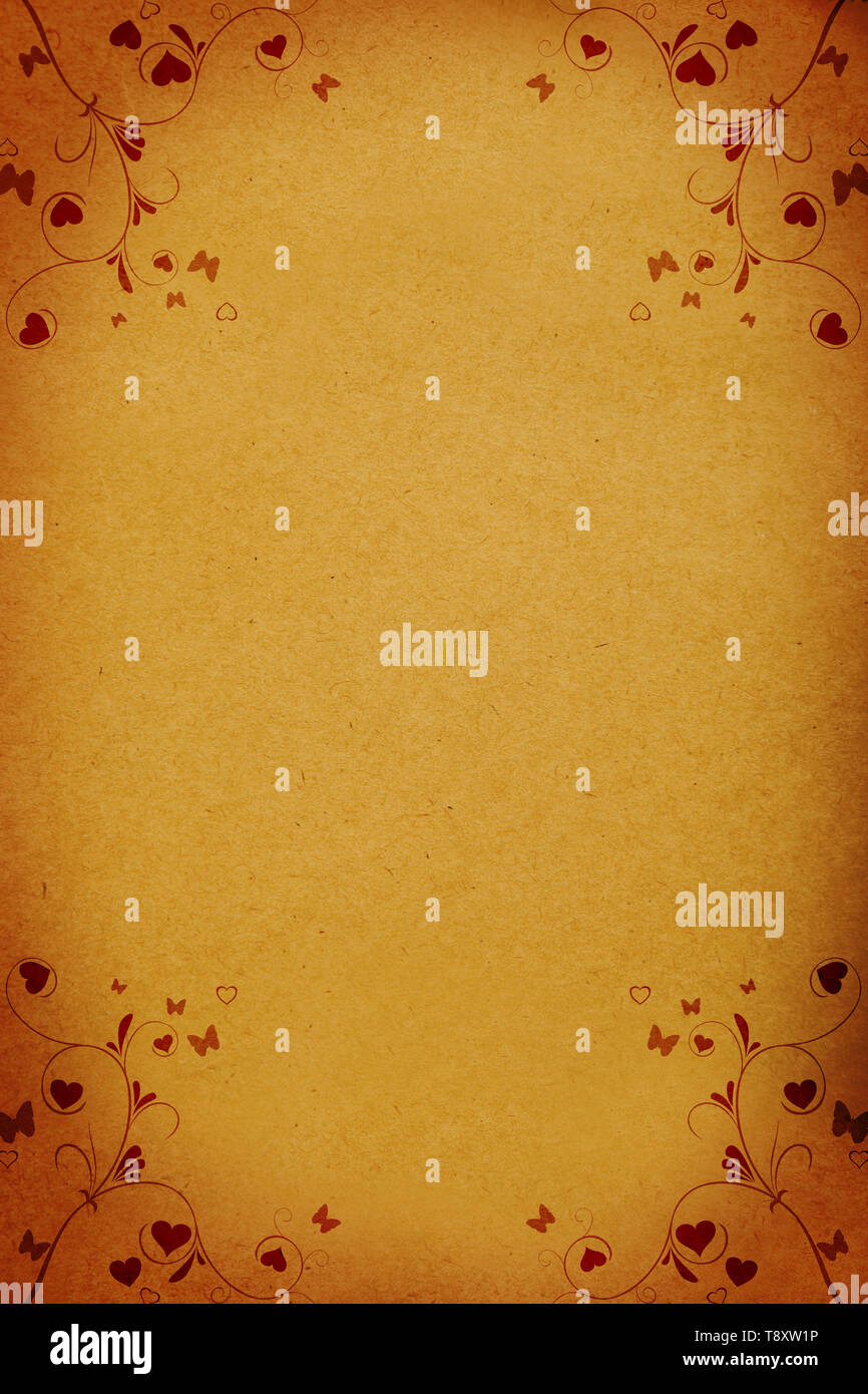 old paper texture with heart shapes and flower ornaments Stock Photo ...
