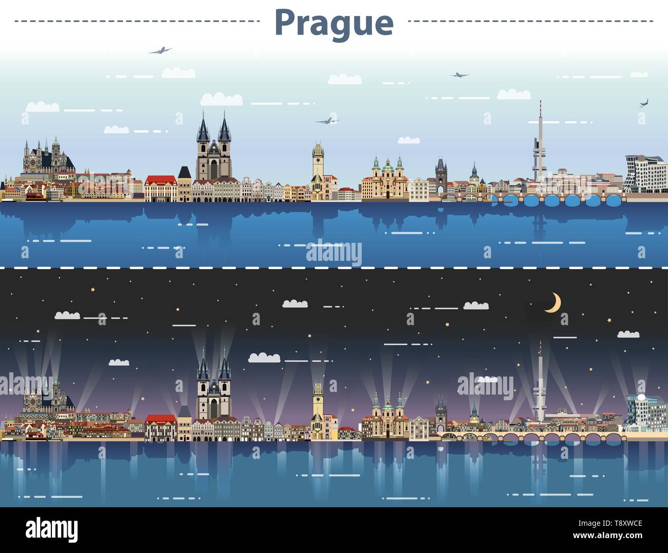 Prague city skyline at day and night vector illustration Stock Vector ...