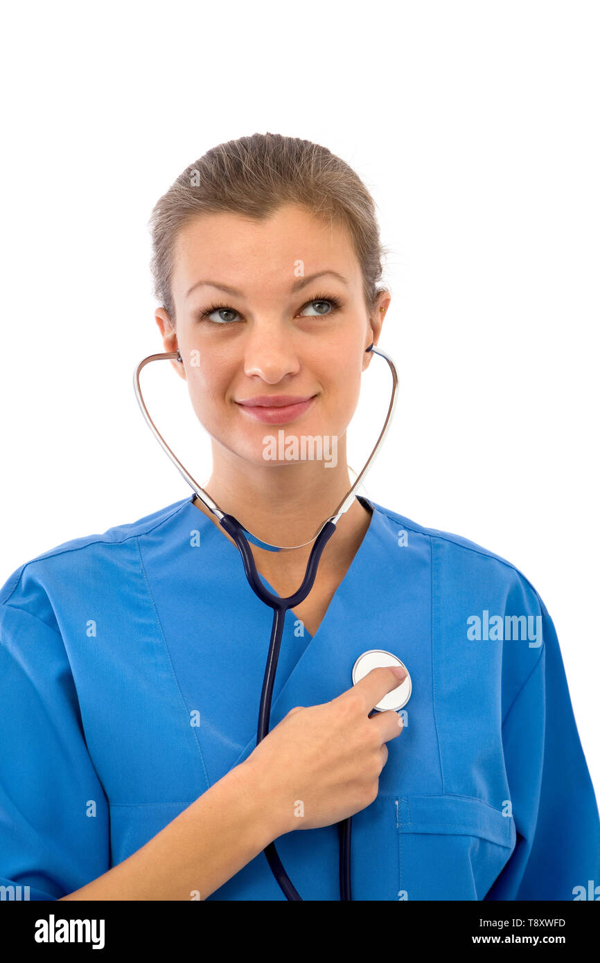 happy and beautiful doctor checking herself on white background Stock ...
