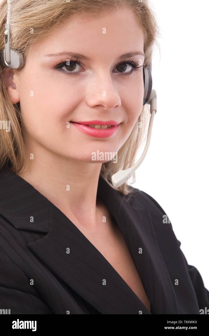 beautiful call center operator close up on white background Stock Photo - Alamy
