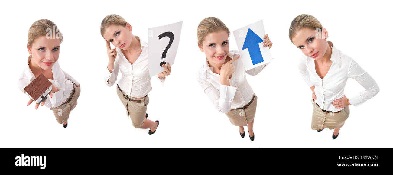 Businesswoman with question mark sign on white background Stock Photo ...