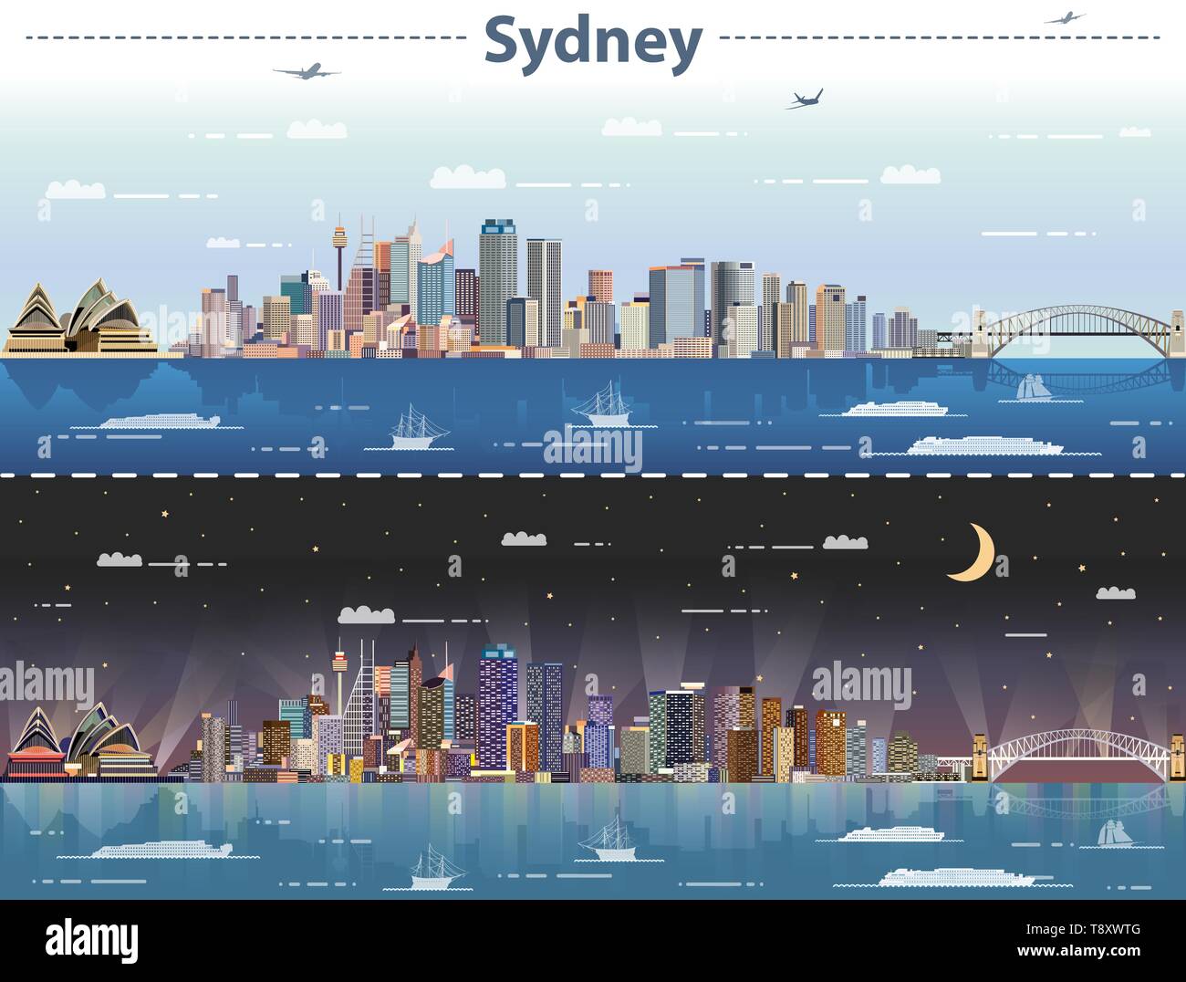 Sydney city skyline at day and night vector illustration Stock Vector ...