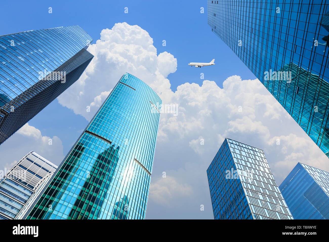 Low angle looking up skyscrapers urban city architecture hi-res stock ...