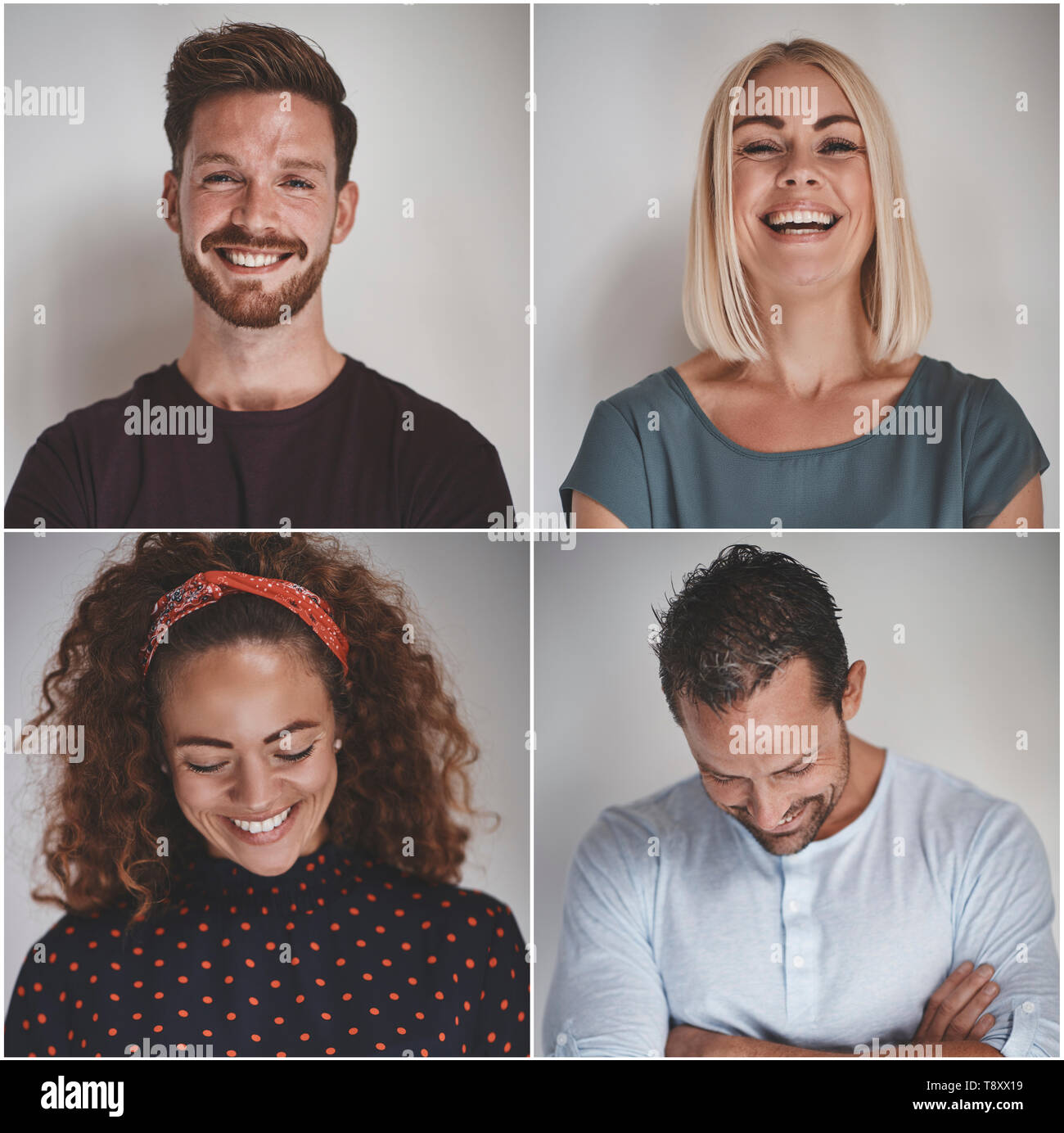Collage of a laughing group of diverse young entrepreneurs standing ...