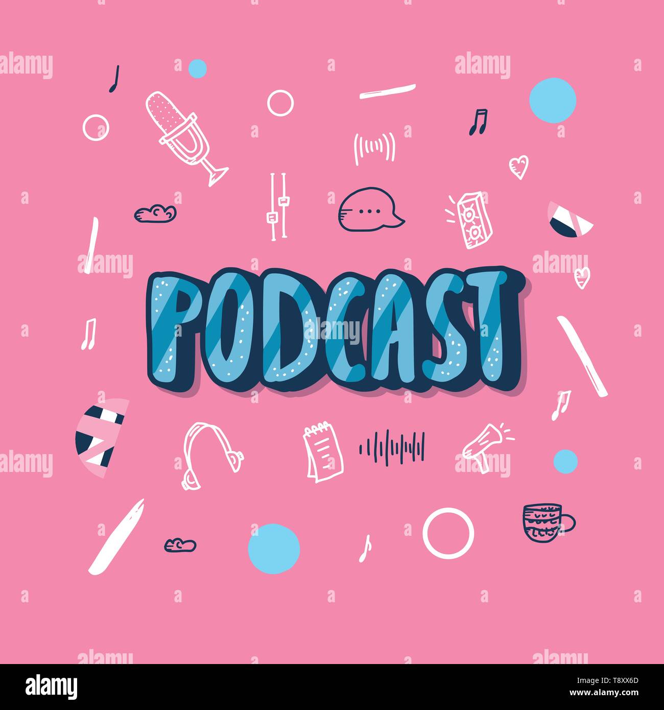 Podcast screen with handwritten lettering and decoration. Poster with ...