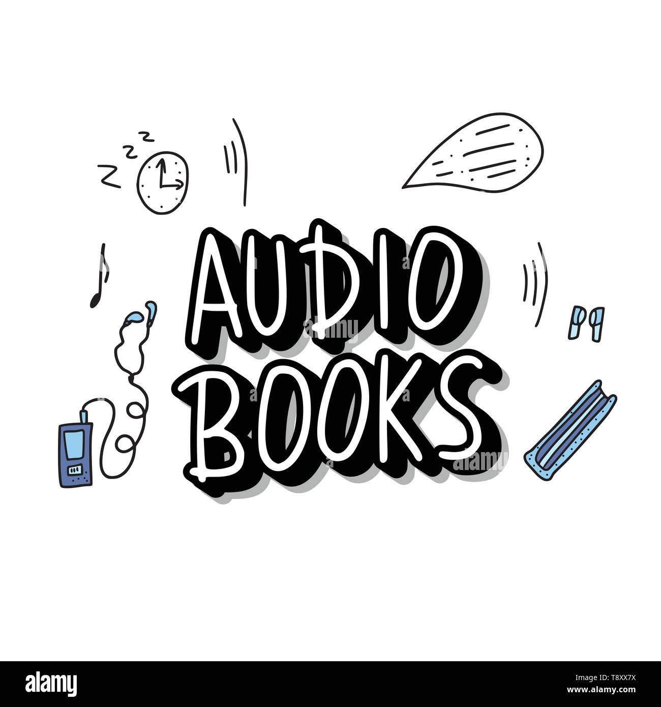 Audiobooks concept. Emblem of audio book symbols with lettering. Vector ...