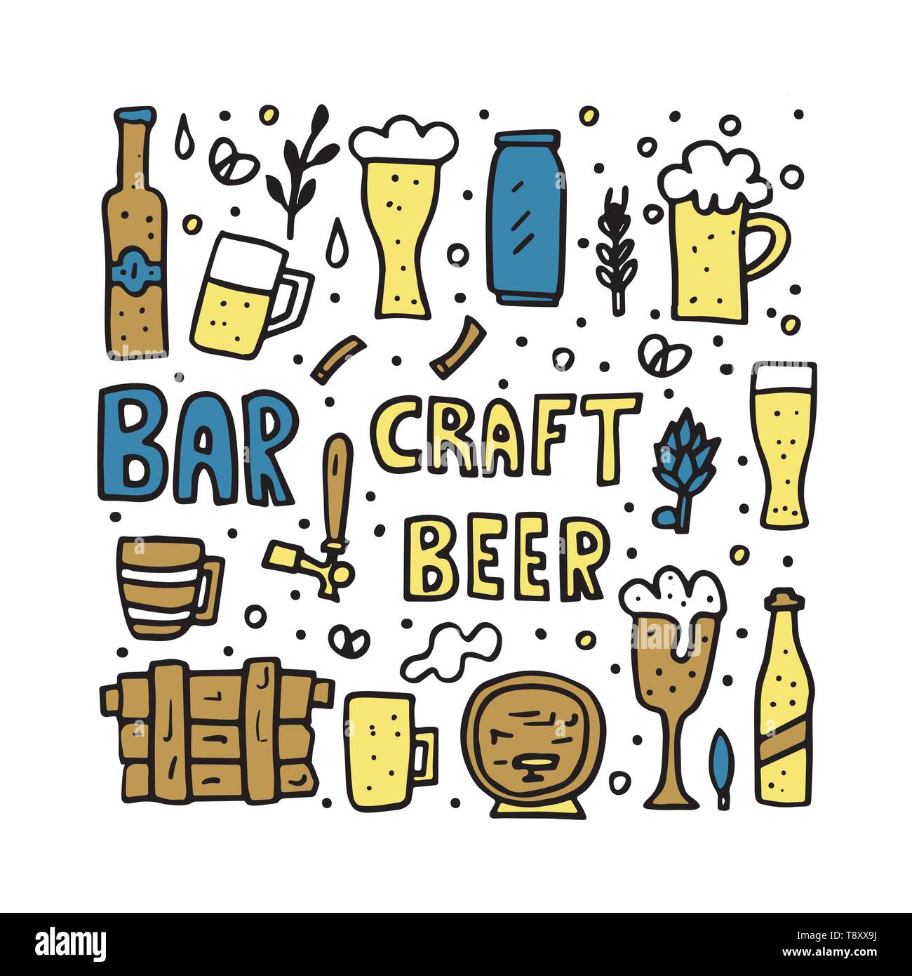 Craft beer elements set in doodle style. Poster template with pub ...