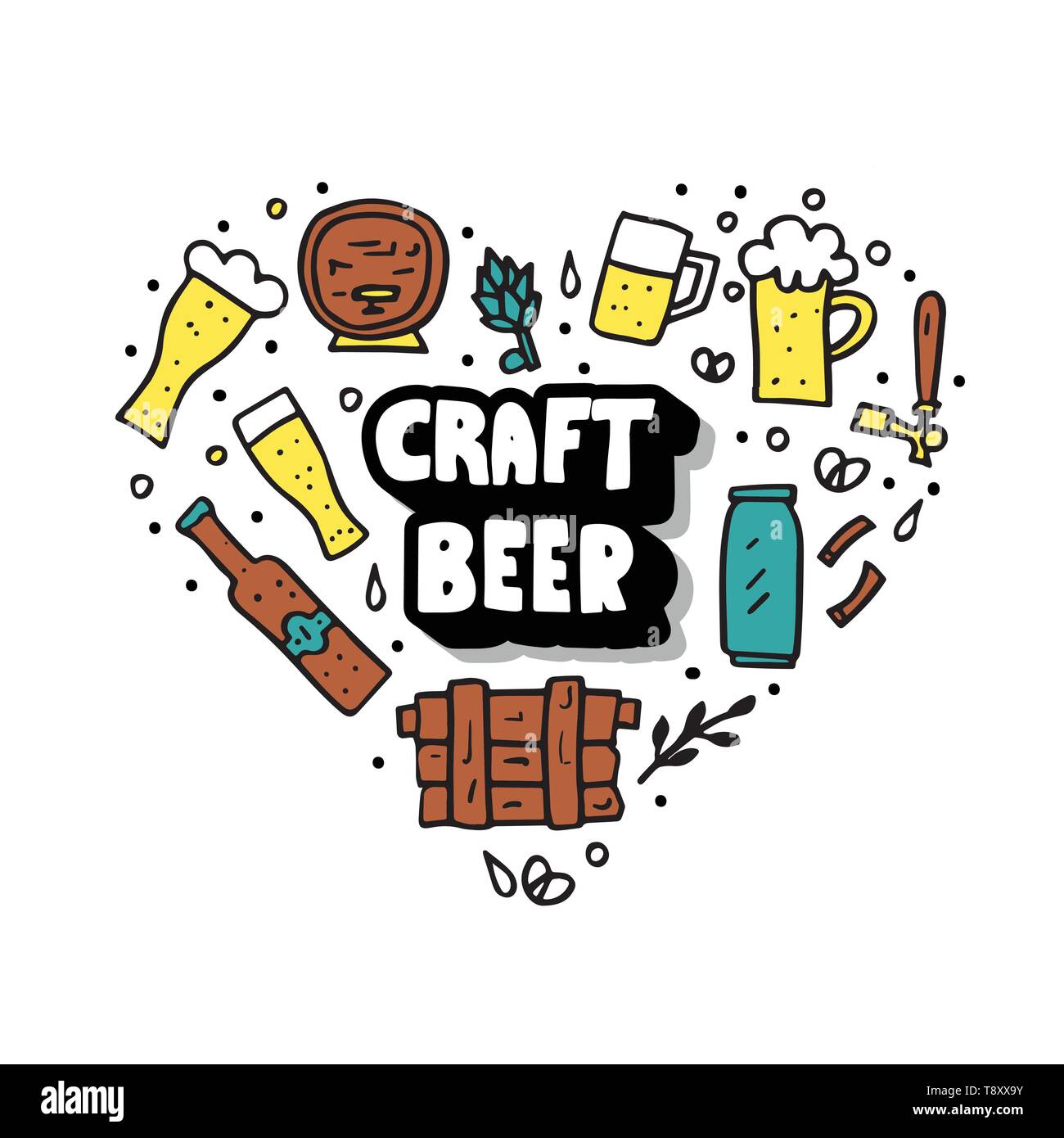 Craft beer heart concept. Pub elements set in doodle style. Symbols and ...