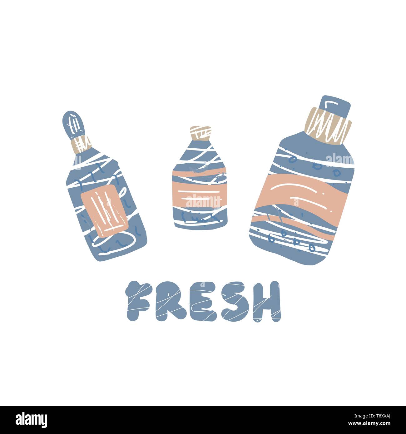 Set of beauty supplies and handwritten lettering Fresh. Hygiene vials ...