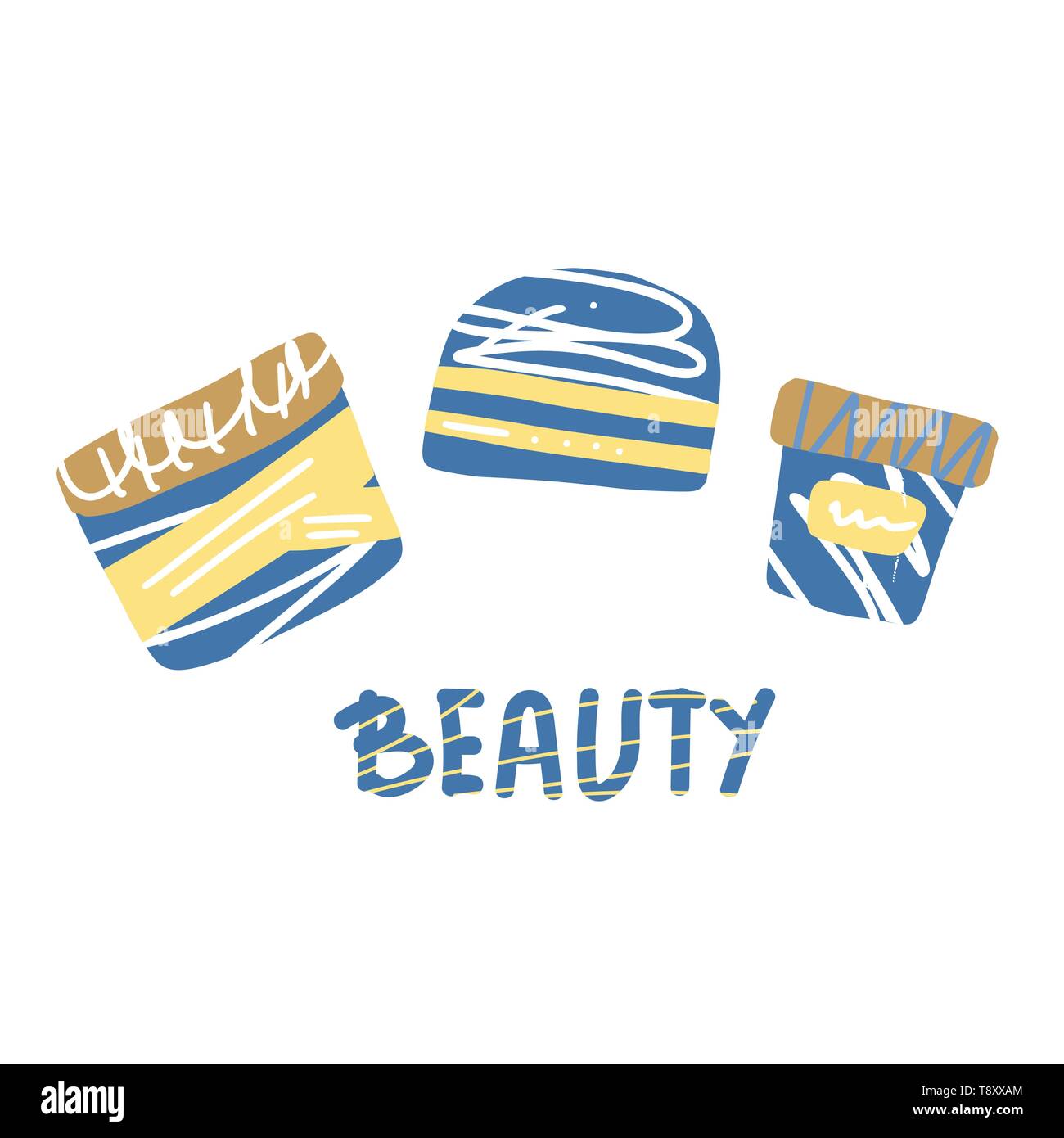 Set of beauty supplies and handwritten lettering Beauty. Hygiene vials ...