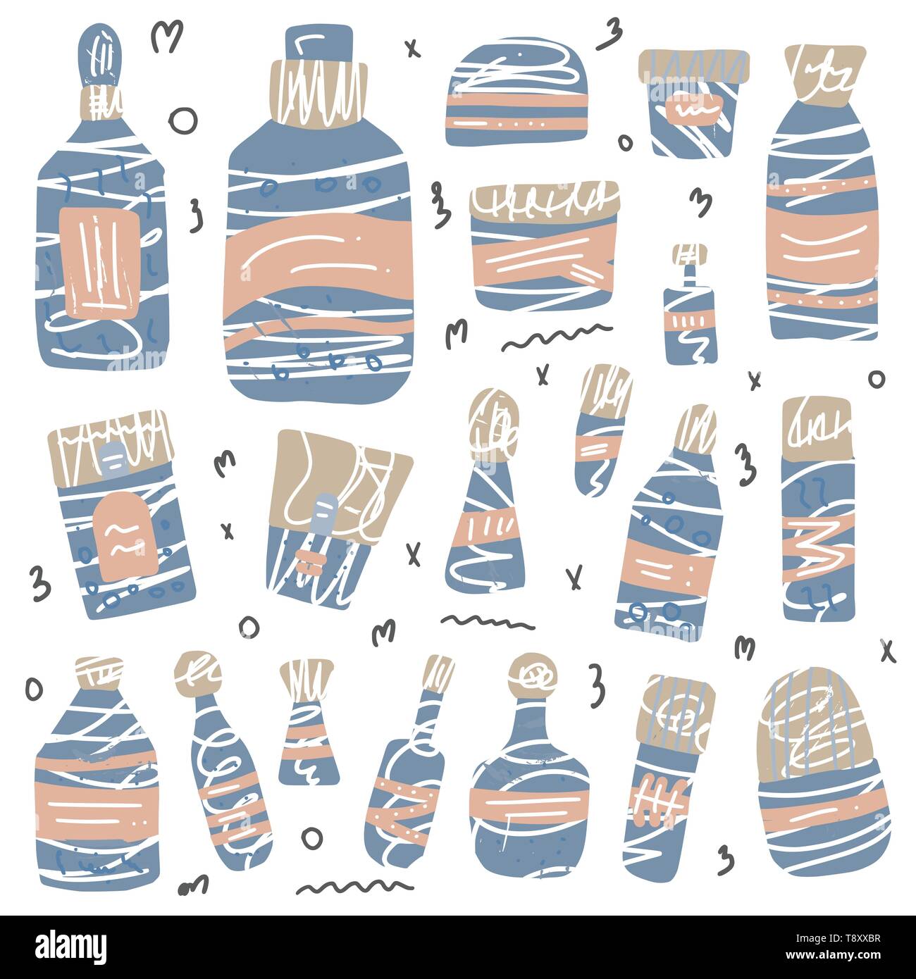 Set of beauty supplies. Hygiene vials, tubes and packages in flat style ...