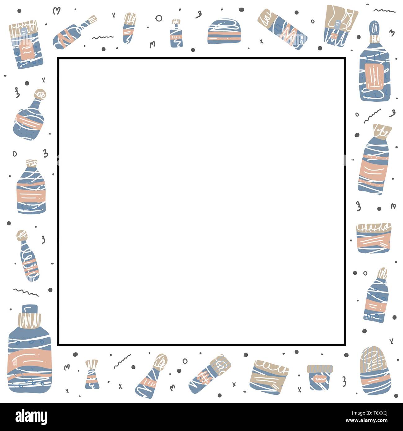 Frame of beauty supplies. Hygiene vials, tubes and packages in flat ...