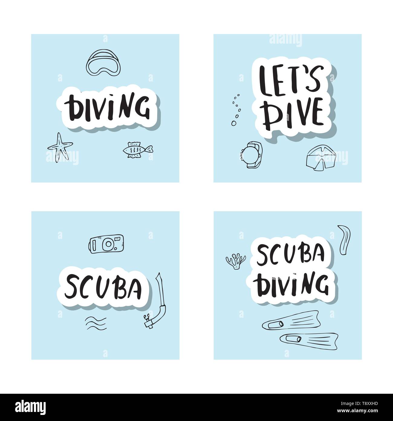 Scuba diving set of sticker lettering, elements and equipment ...