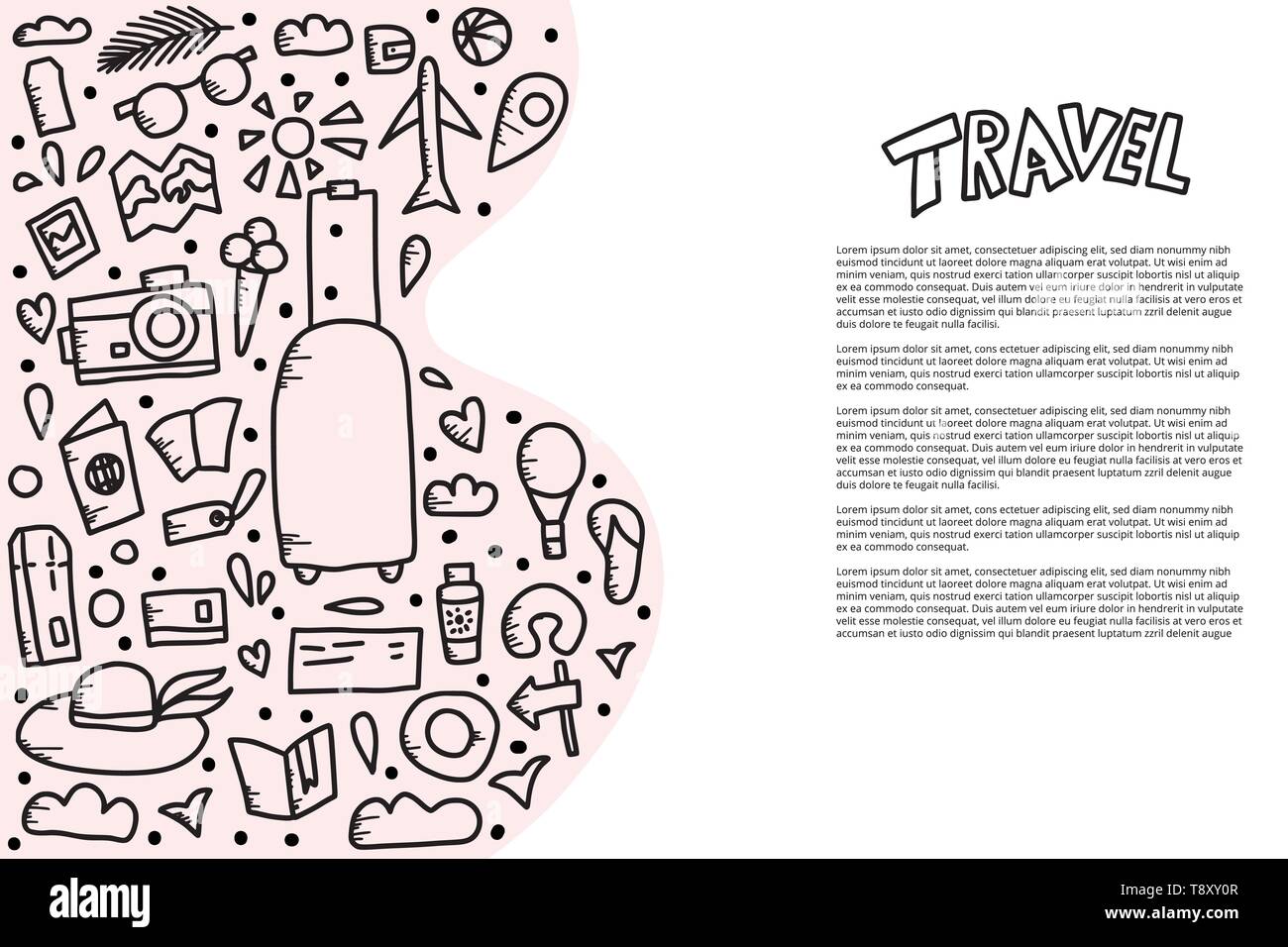 Template of travel symbols in doodle style. Hand drawn vector trip ...