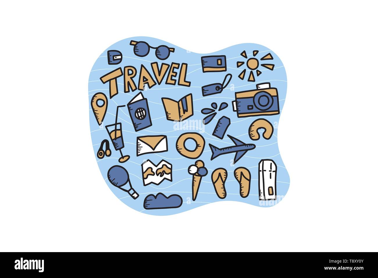 Set of travel symbols in doodle style. Handdrawn trip elements isolated ...
