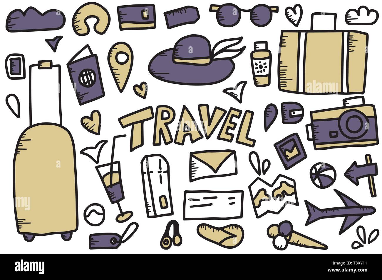 Set of travel symbols in doodle style. Collection of handdrawn vector ...