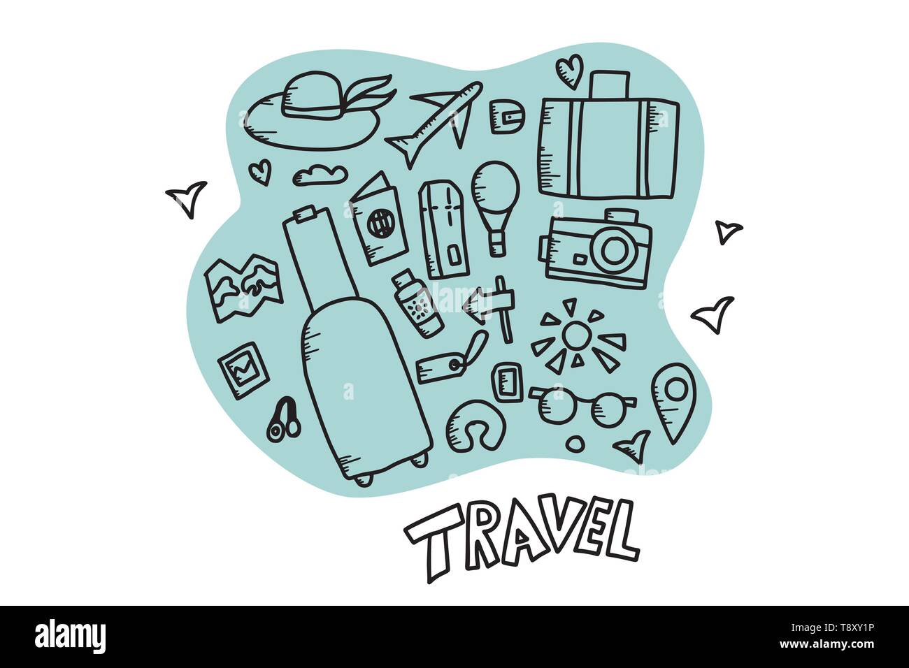 Set of travel symbols in doodle style. Hand drawn vector trip elements ...
