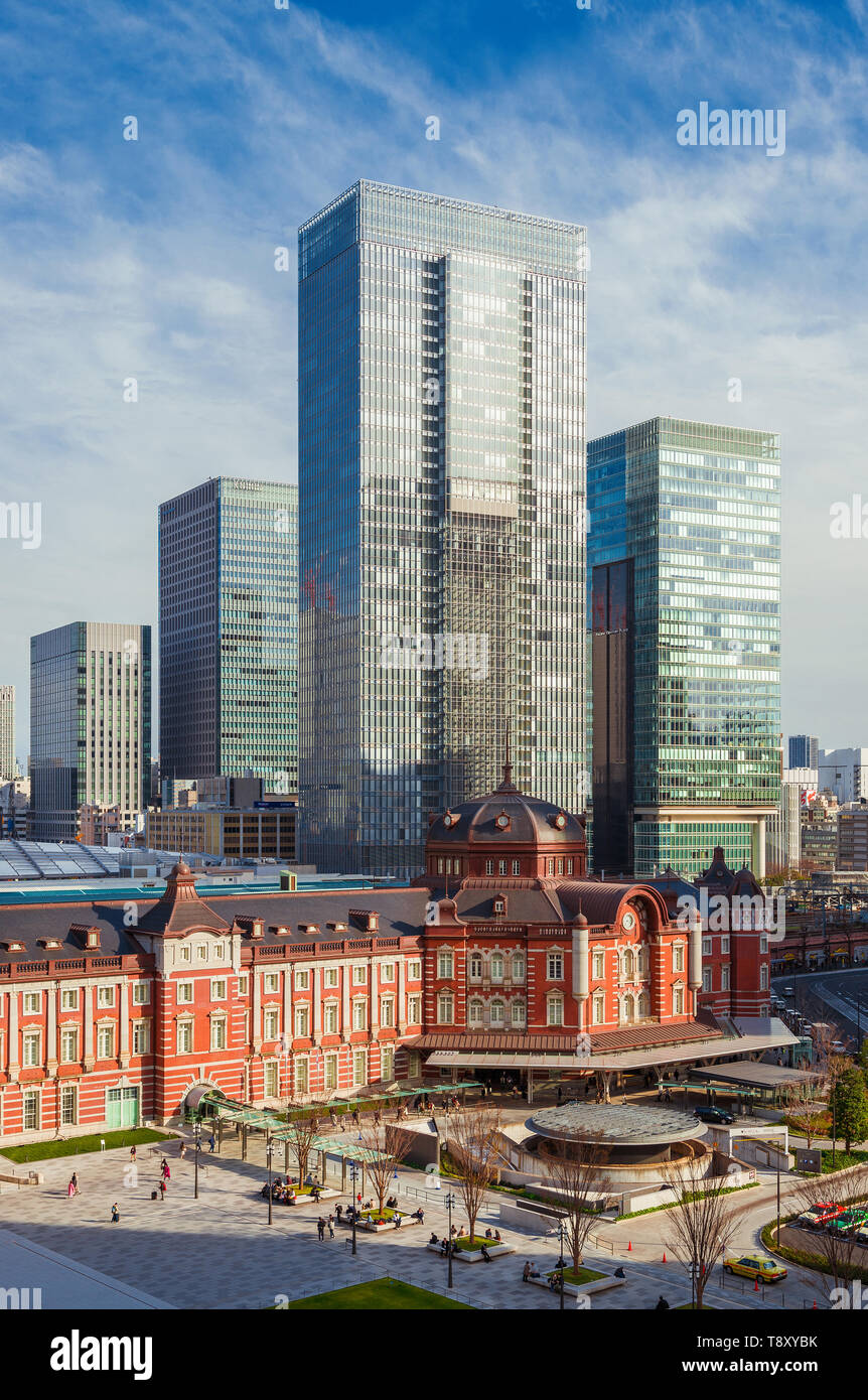 Japan between tradition and modernity. City center modern buildings behinds the old and elegant ...