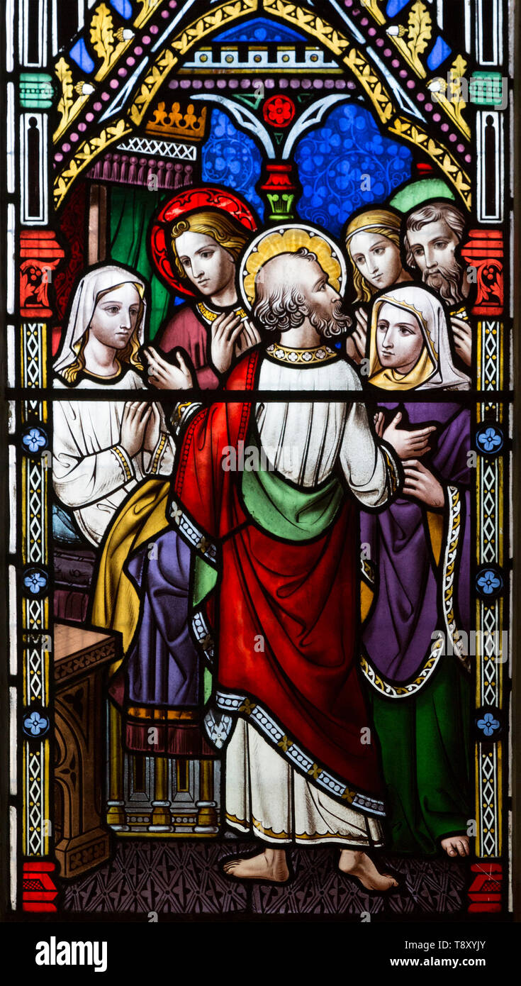 Victorian stained glass window depicting the Raising of Dorcas circa ...