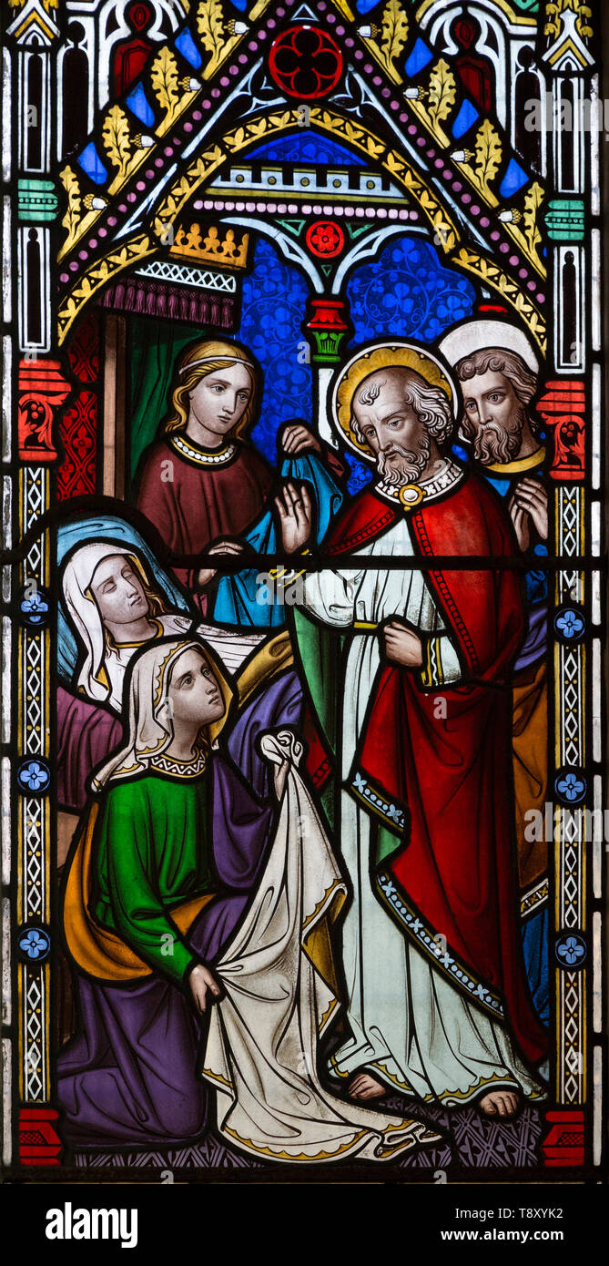 Victorian stained glass window depicting the Raising of Dorcas circa ...