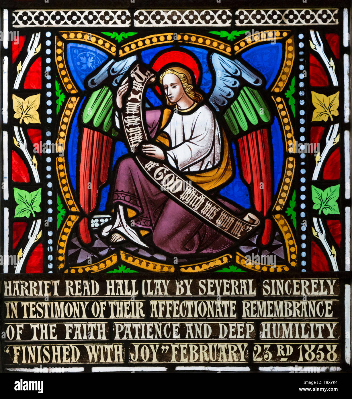 Victorian stained glass window angel holding memorial banner circa 1858 ...